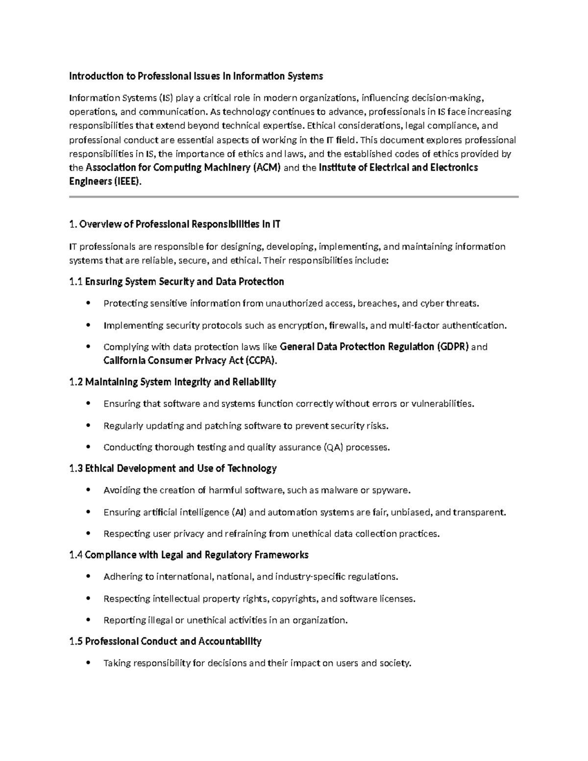 Professional Issues in Information Systems (IPI) - Ethics, Laws, and ...