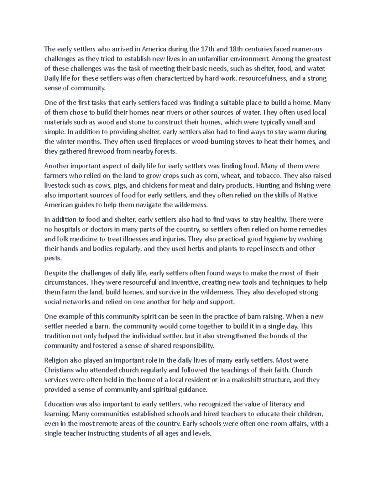 Daily Life of Early Settlers in America: Challenges and Community - Studocu