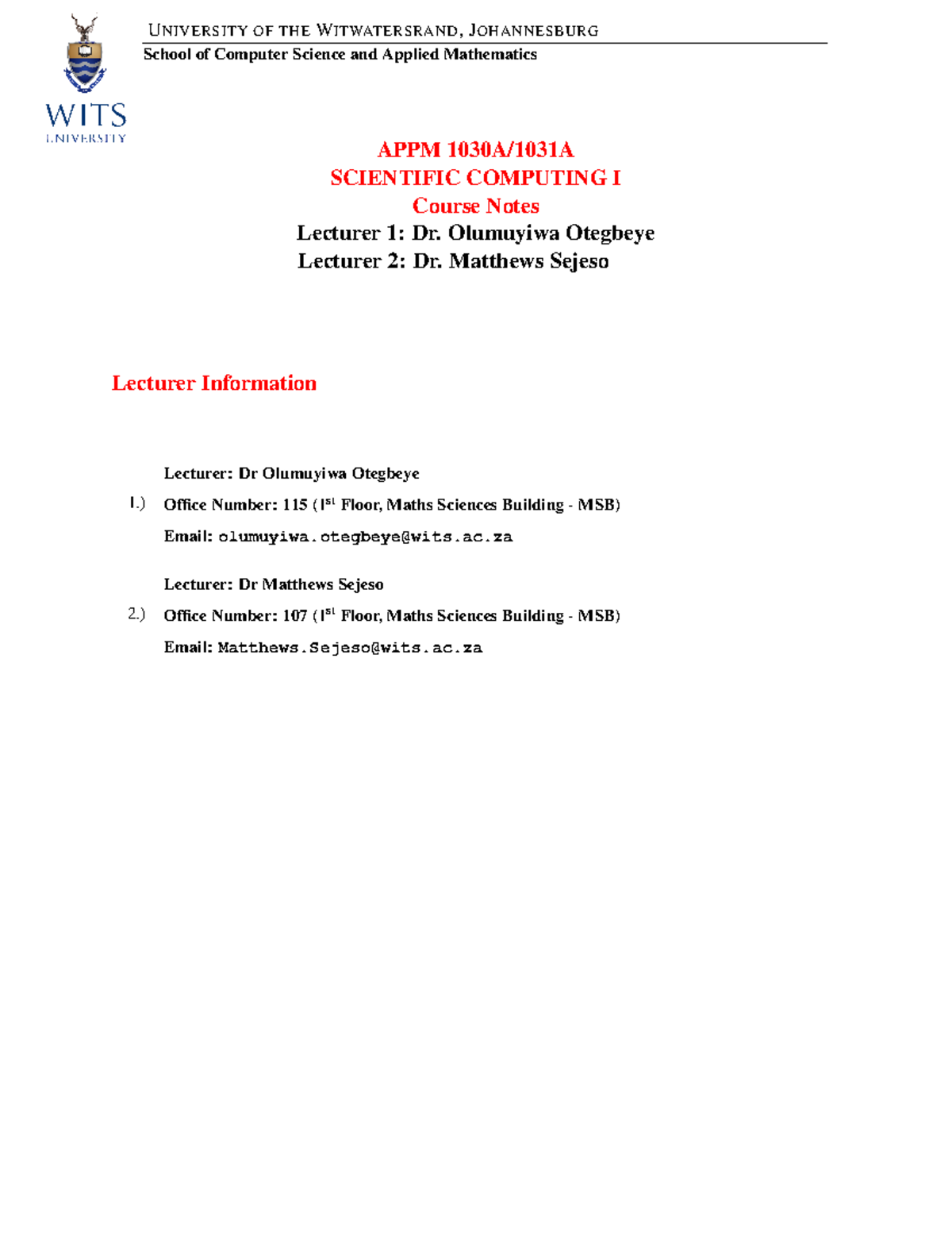 Lecture Notes for APPM 1030A: Introduction to Scientific Computing ...