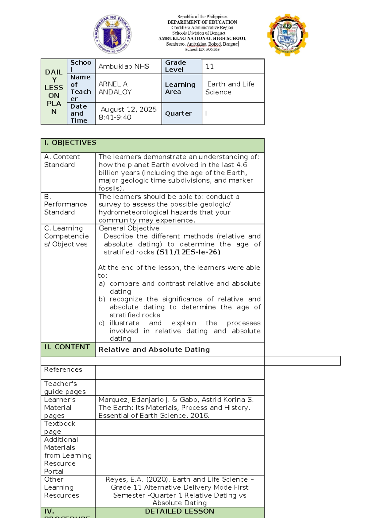 Grade 11 Earth and Life Science: Relative & Absolute Dating Lesson Plan ...