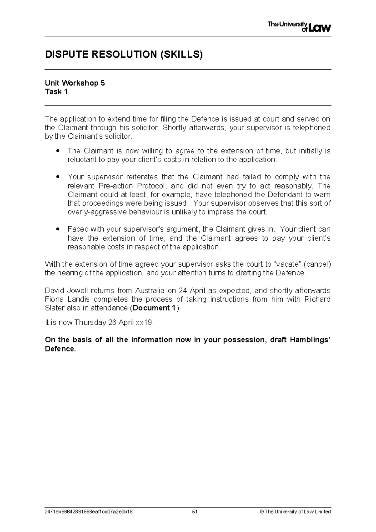 2324 DIS WS05 CE02 Task 01: Defence Drafting & Dispute Resolution ...