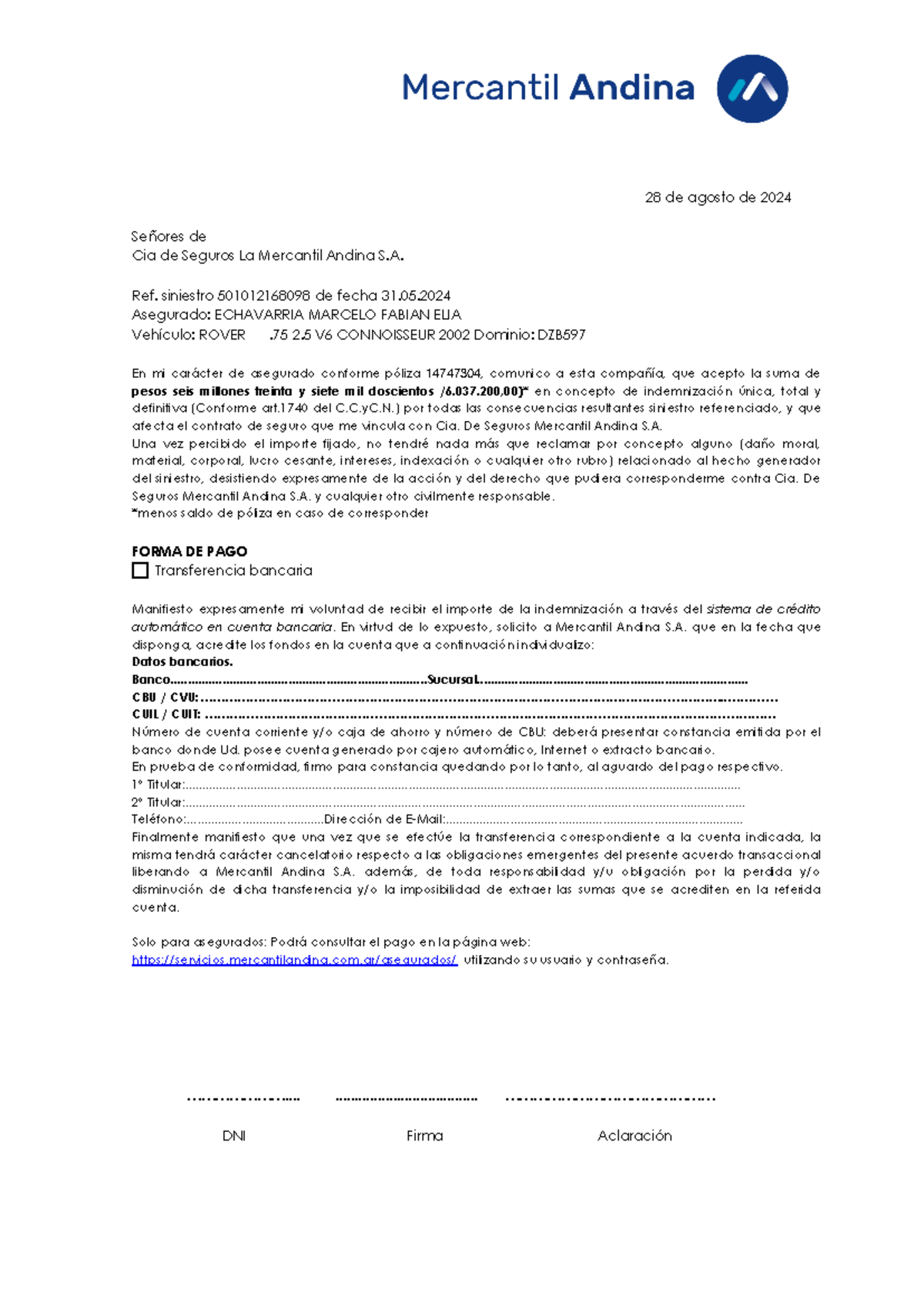 Siniestro 501012168098: Aceptación de Indemnización y Pago - Studocu