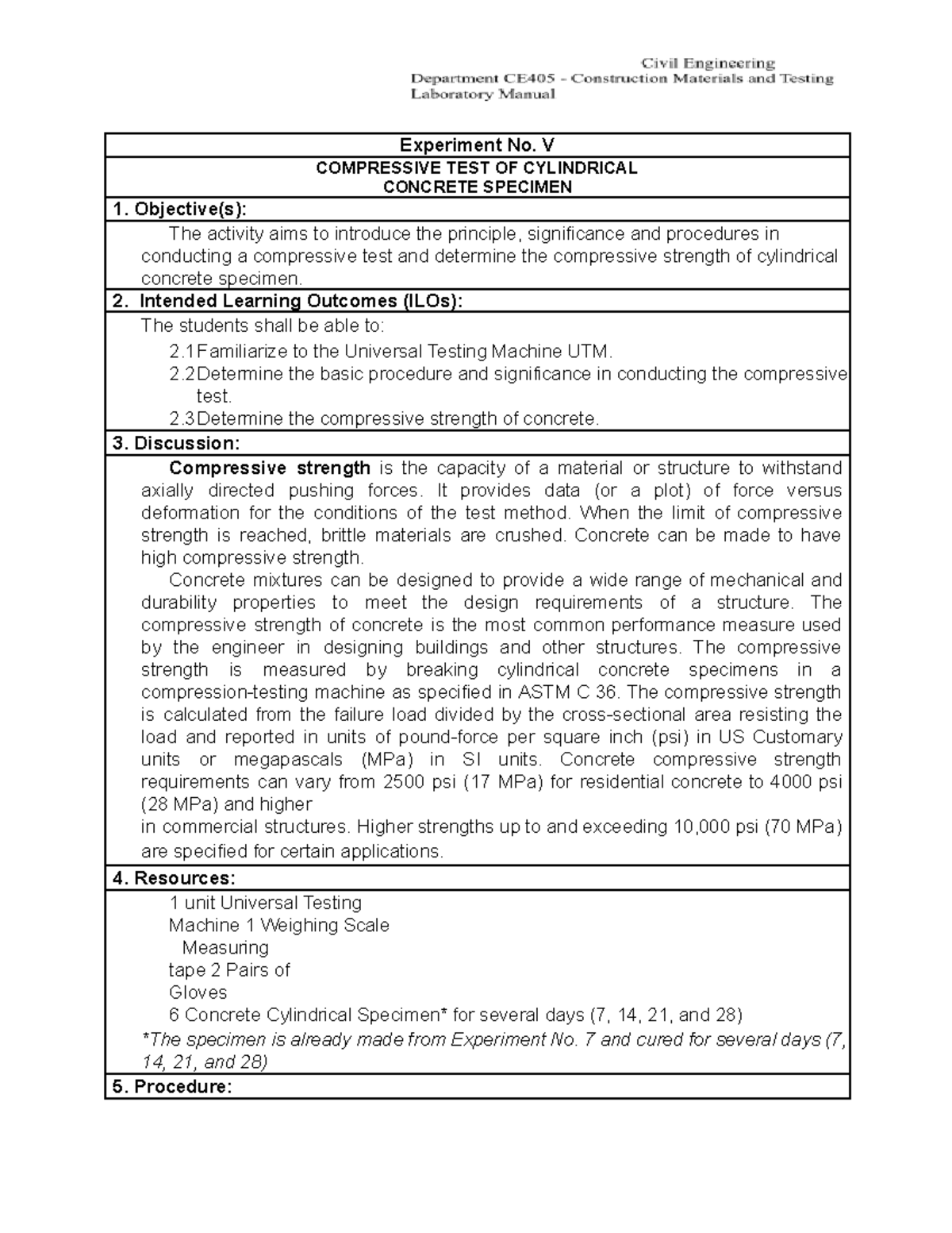 CE 405 Lab Report: Compressive Strength Test of Concrete Cylinders ...