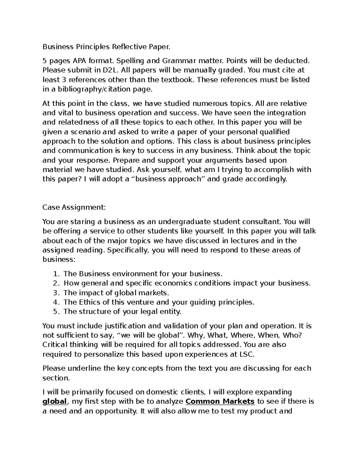 BUSI 1301 H f24 reflective paper 1 - Business Principles Reflective ...
