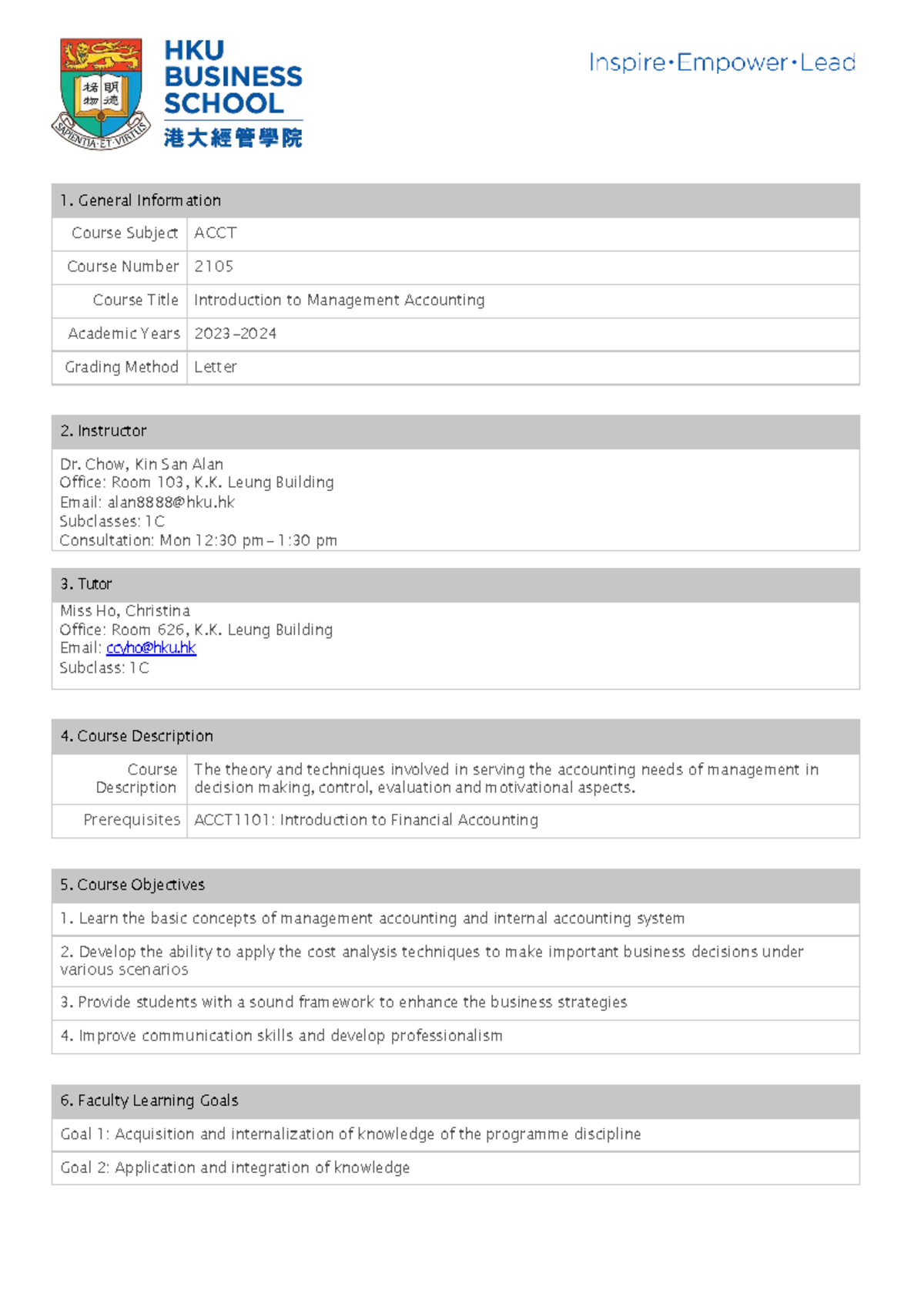 ACCT 2105: Introduction to Management Accounting Syllabus Overview ...