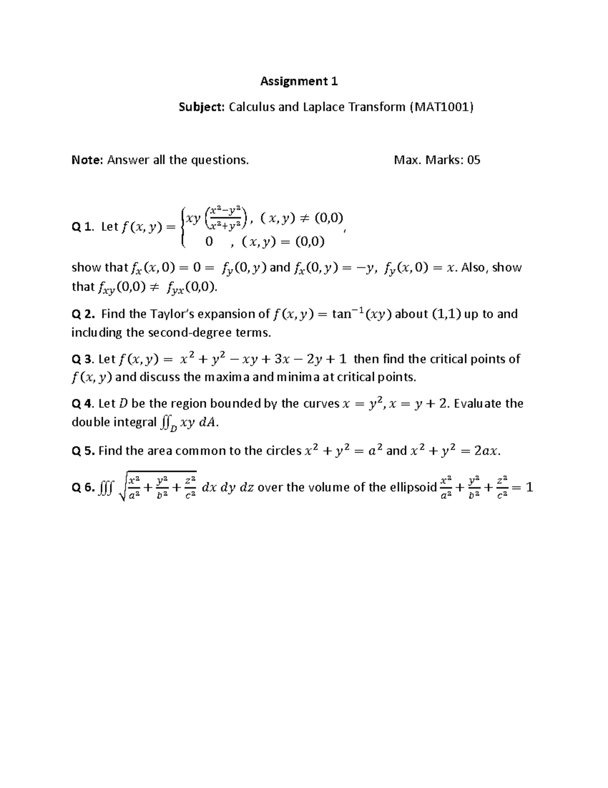 Calculus & Laplace Transform Practice Questions (MAT1001) - Assignment 1 - Studocu