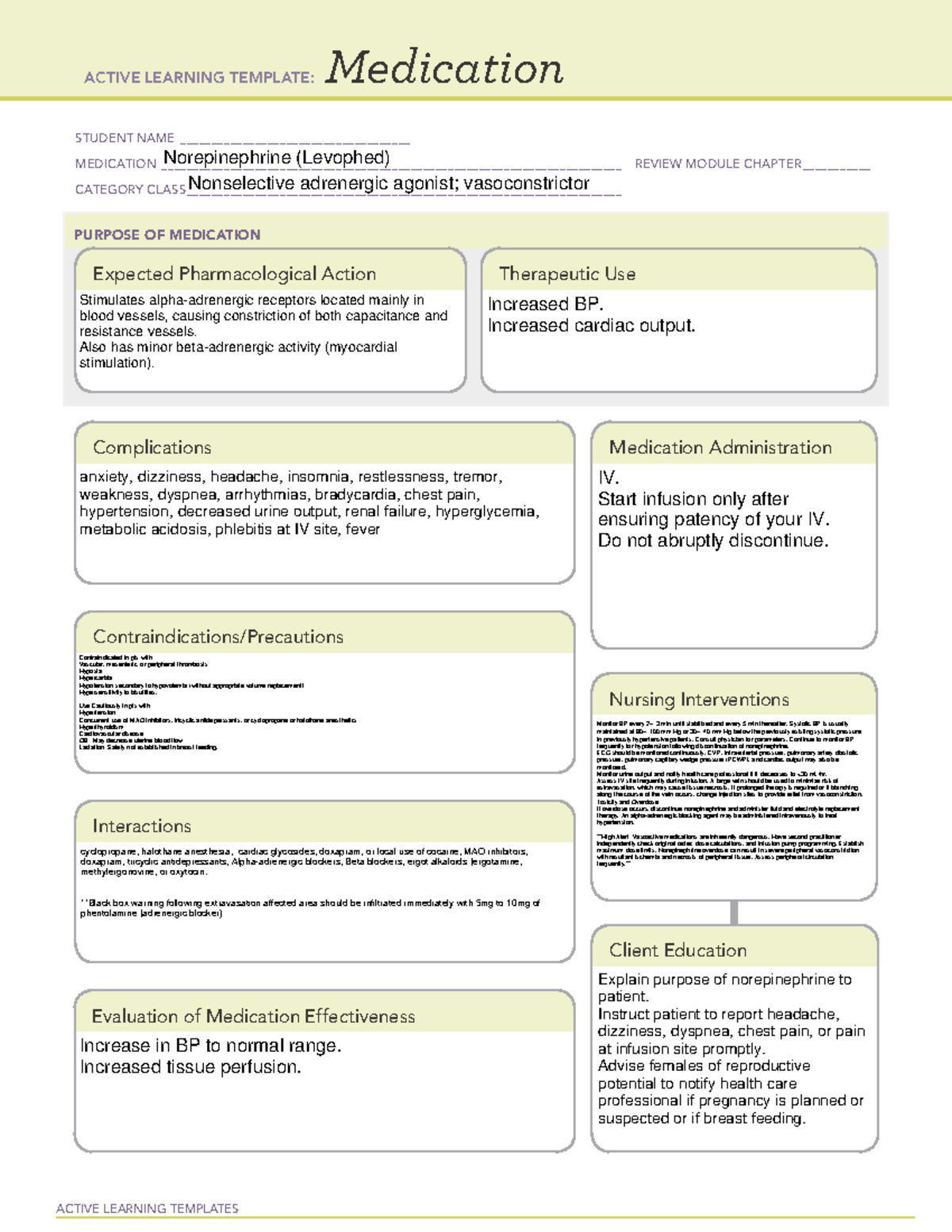 Norepinephrine (levophed) - ACTIVE LEARNING TEMPLATES Medication ...