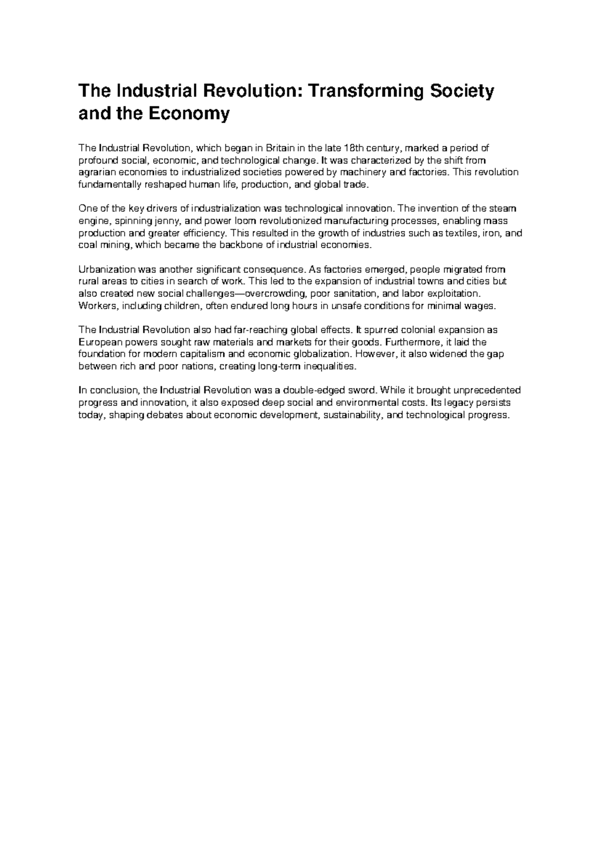 Industrial Revolution Essay: Societal and Economic Transformations ...