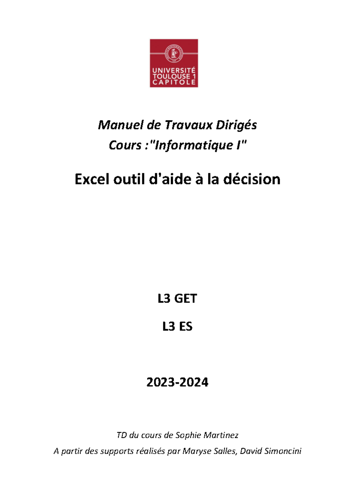 Support TD 2023-2024 L3 GET/ES: Excel pour l'Aide à la Décision - Studocu