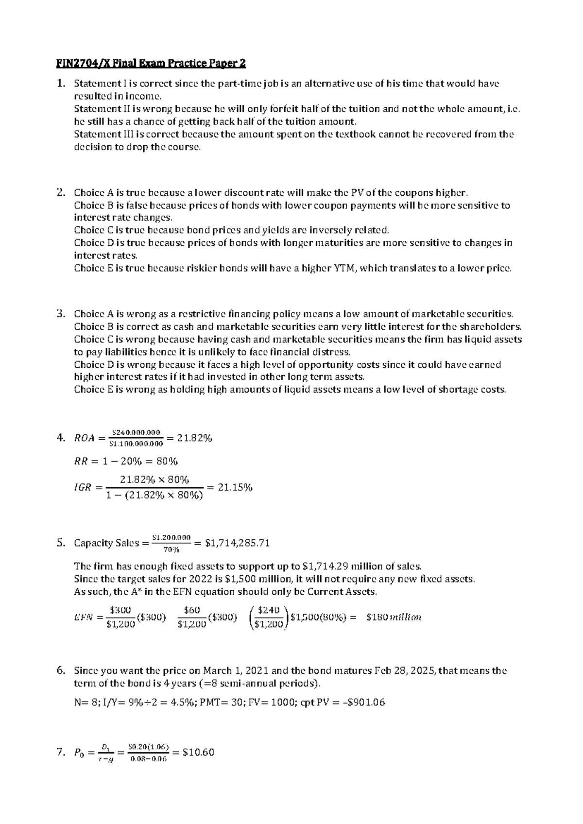 Final Exam Practice Paper 2 Solutions and Analysis - Studocu