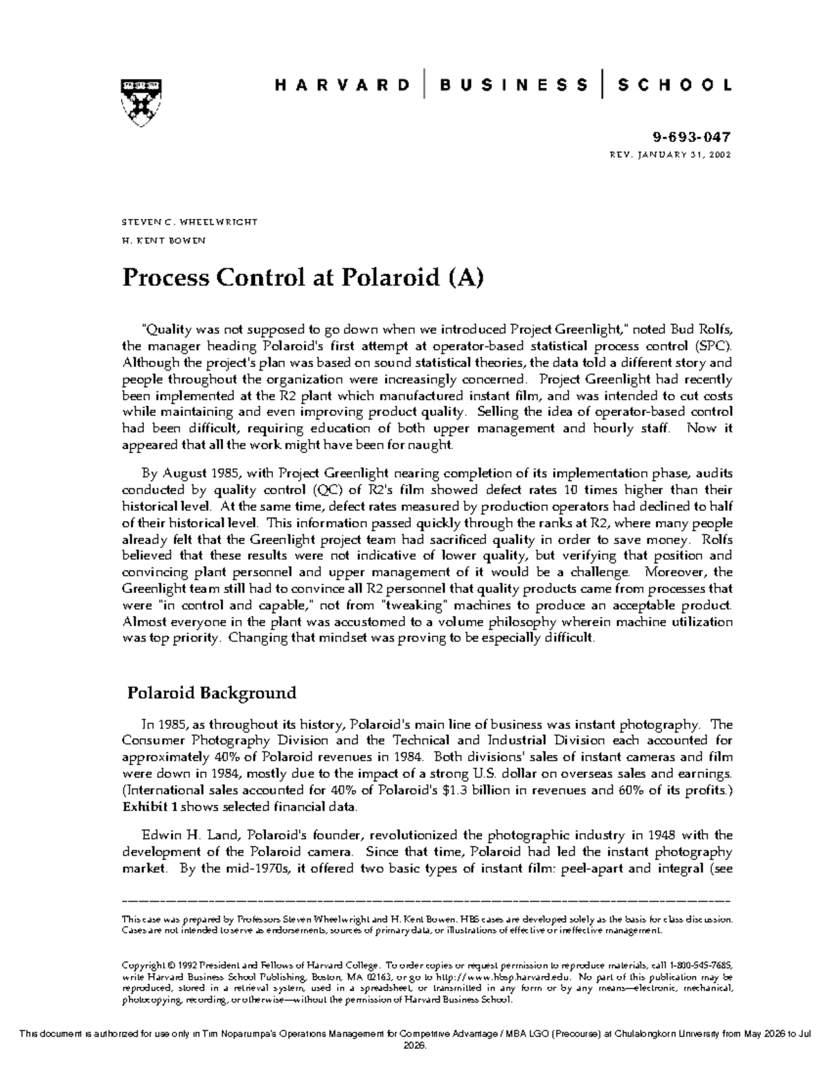 Process Control at Polaroid (A) - Case Study Analysis for MBA LGO - Studocu