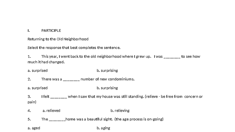 Participle TEST - Practice Test for Grade 9 Students - Studocu