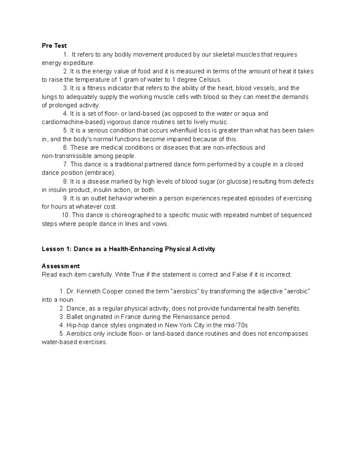 HOPE Workbook Module: Dance & Physical Activity Pre-Test - Studocu