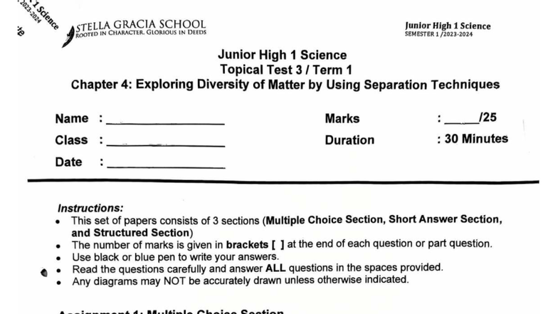 Jh1 Science Term 1 Test 3: Exploring Matter & Separation Techniques ...