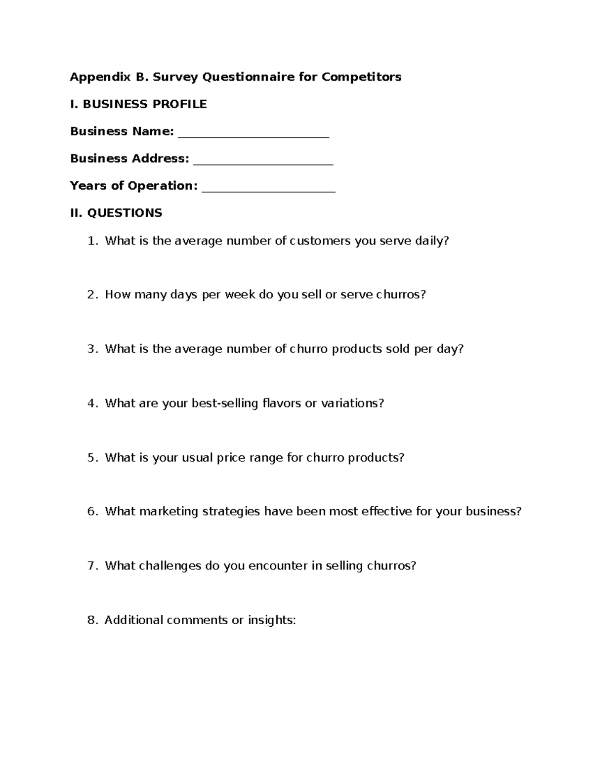 Competitors Survey Questionnaire AP - Appendix B. Survey Questionnaire ...