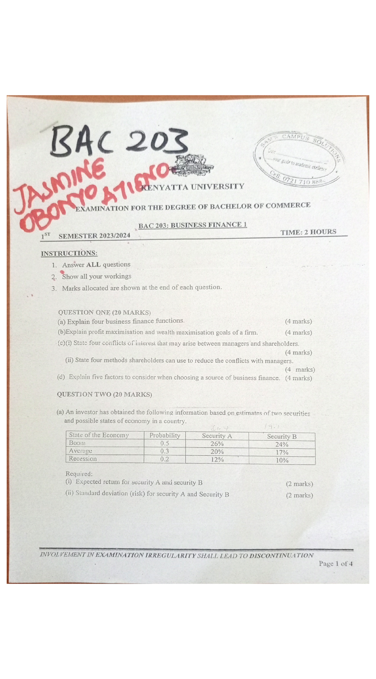 BAC 203 - Business Finance Full Exam Study Guide and Solutions - Studocu