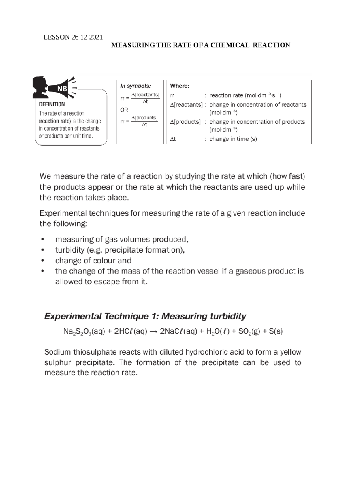 Lesson 26 Chemistry - LESSON 26 12 2021 MEASURING THE RATE OF A ...