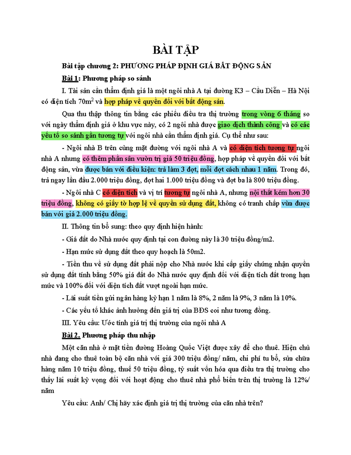 BT SV DGTS - Bài Tập Chương 2: Phương Pháp Định Giá Bất Động Sản - Studocu