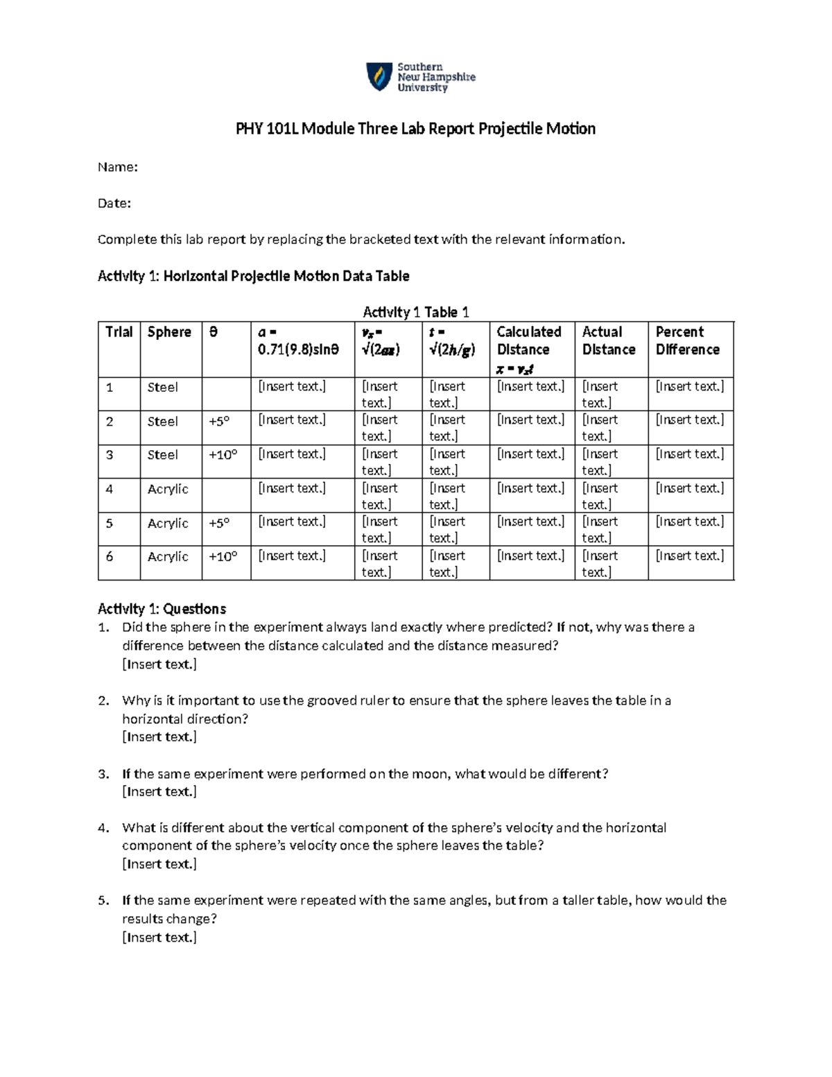 PHY 101L Module 3 Lab Report: Analyzing Projectile Motion Data - Studocu