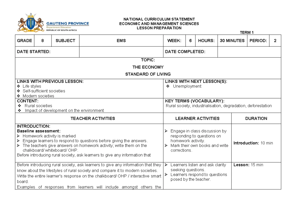 NATIONAL CURRICULUM EMS GRADE 8 LESSON PLAN: THE ECONOMY & STANDARD OF ...
