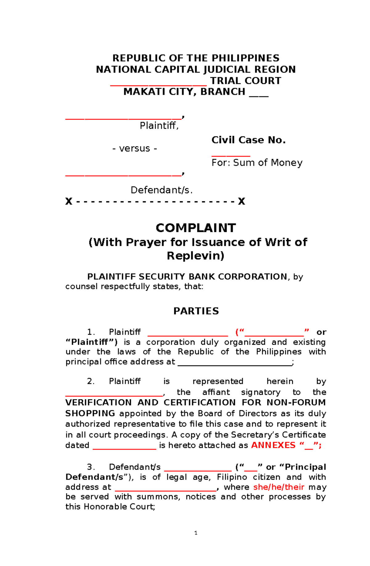 Makati Trial Court Complaint Template with Replevin - CIVIL CASE NO ...