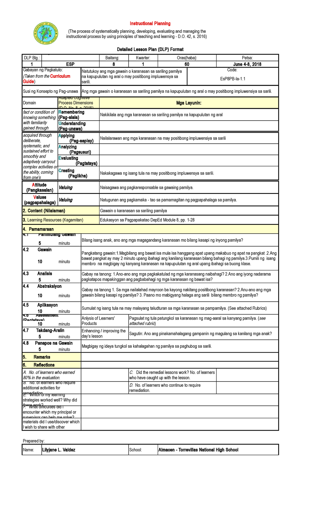 412536618 DLP ESP 8 Q1 - Comprehensive Detailed Lesson Plan Overview - Studocu