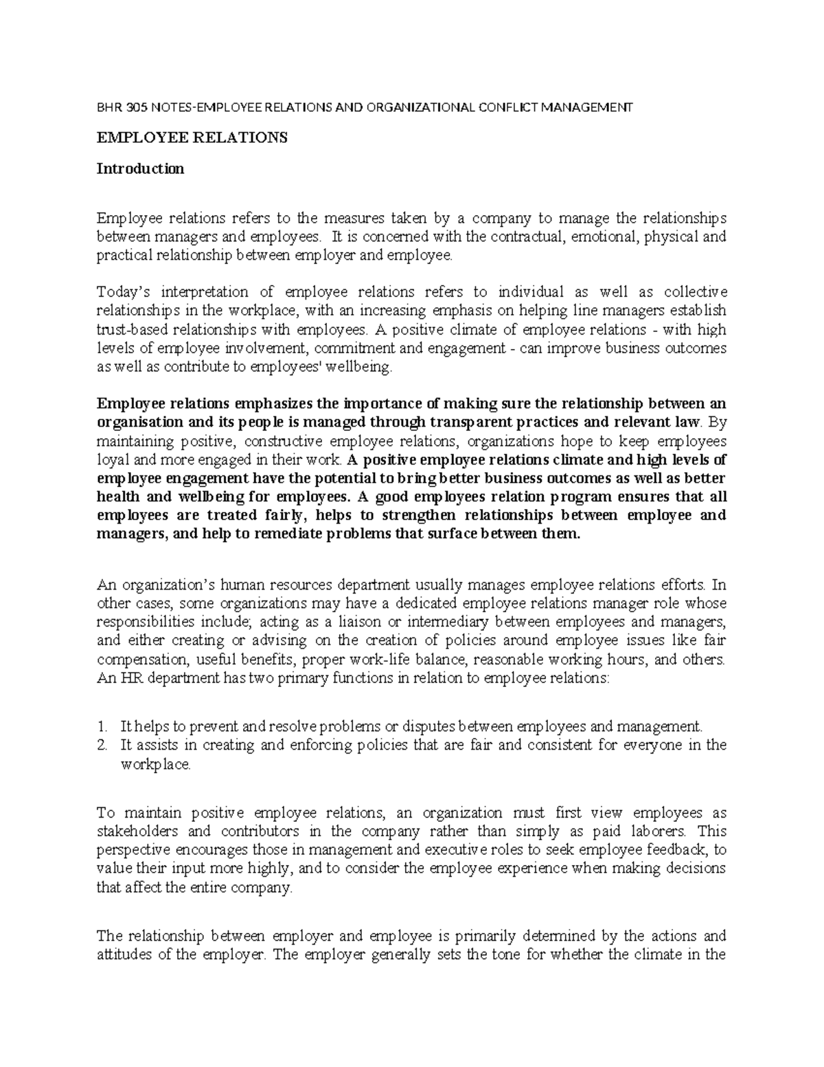 BHR 305 Employee Relations: Comprehensive Study Notes - Studocu