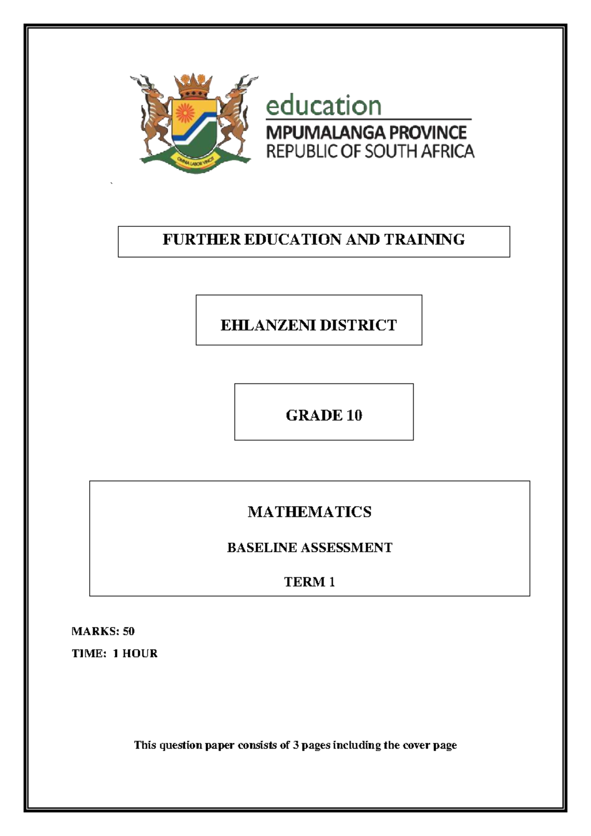 Grade 10 Mathematics Baseline Assessment Term 1 2025 - Studocu