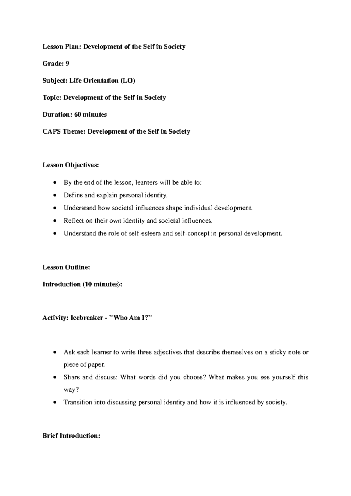 Grade 9 LO Lesson Plan: Understanding Self Development in Society - Studocu