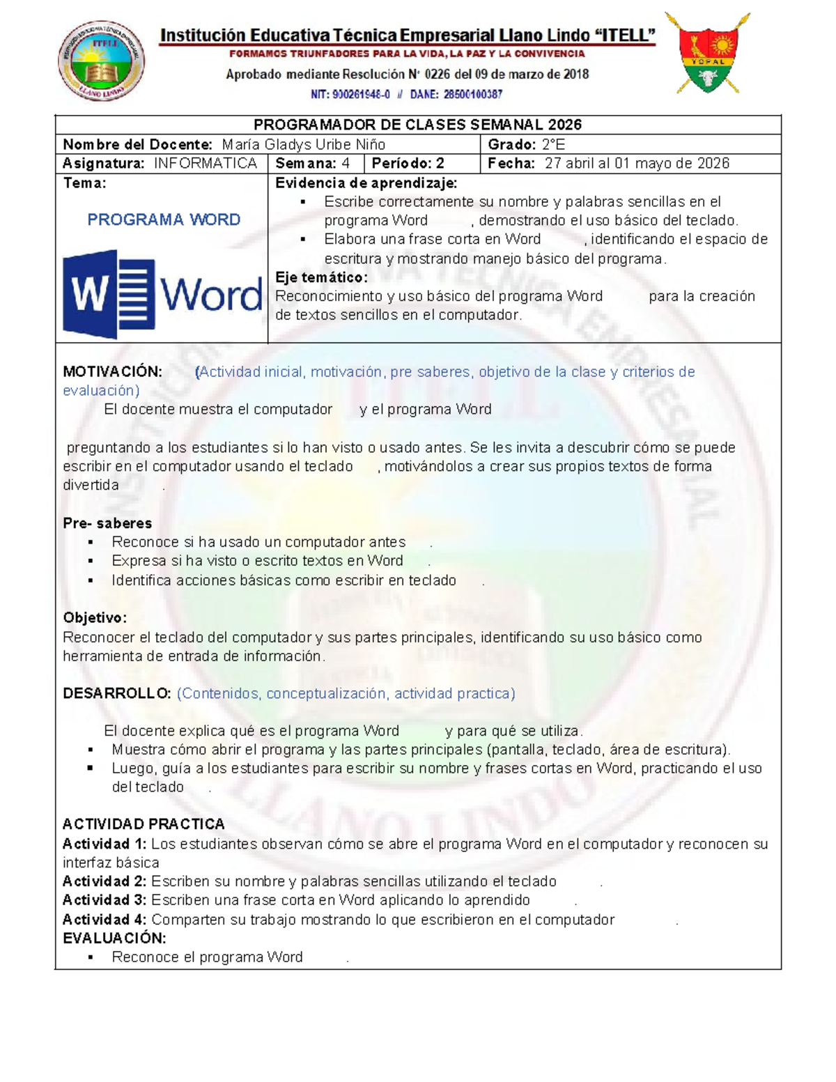 INFORMATICA - Actividades Semana 4: Uso Básico de Word - Studocu