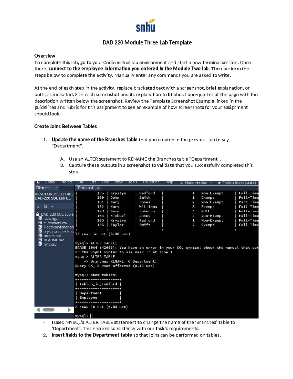 DAD 220 Module Three Lab: Creating Joins and CSV Exporting in MySQL - Studocu