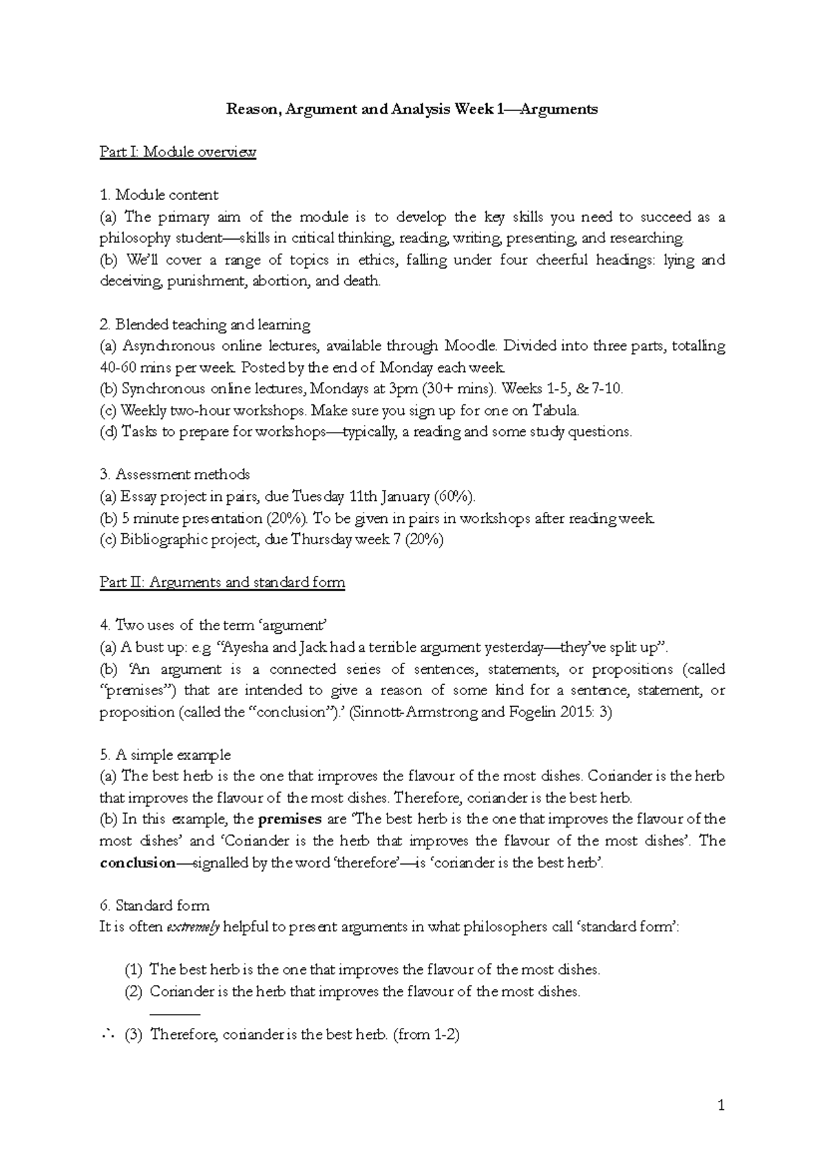 Copy of Week 1 Arguments - Reason, Argument and Analysis Week 1 ...