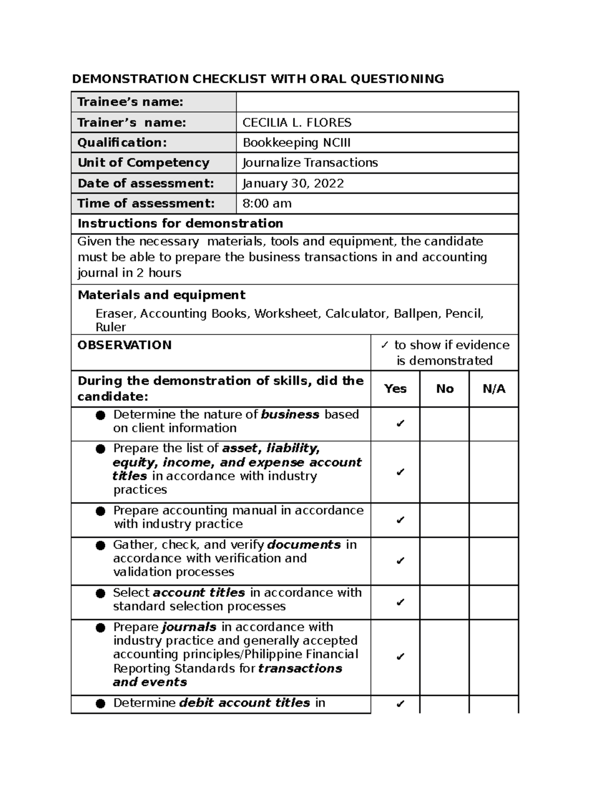 Demonstration Checklist: Oral Questioning for Bookkeeping NCIII - Studocu