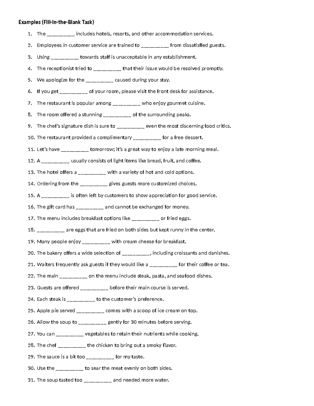 Review Vocabulary UNIT 9 TO END: Hospitality & Culinary Terms - Studocu
