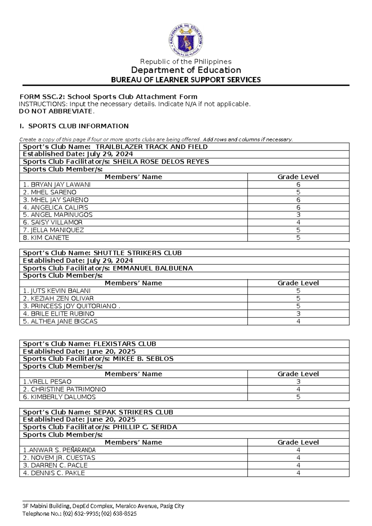 SSC.2: School Sports Club Attachment Form - Biasong Document - Studocu