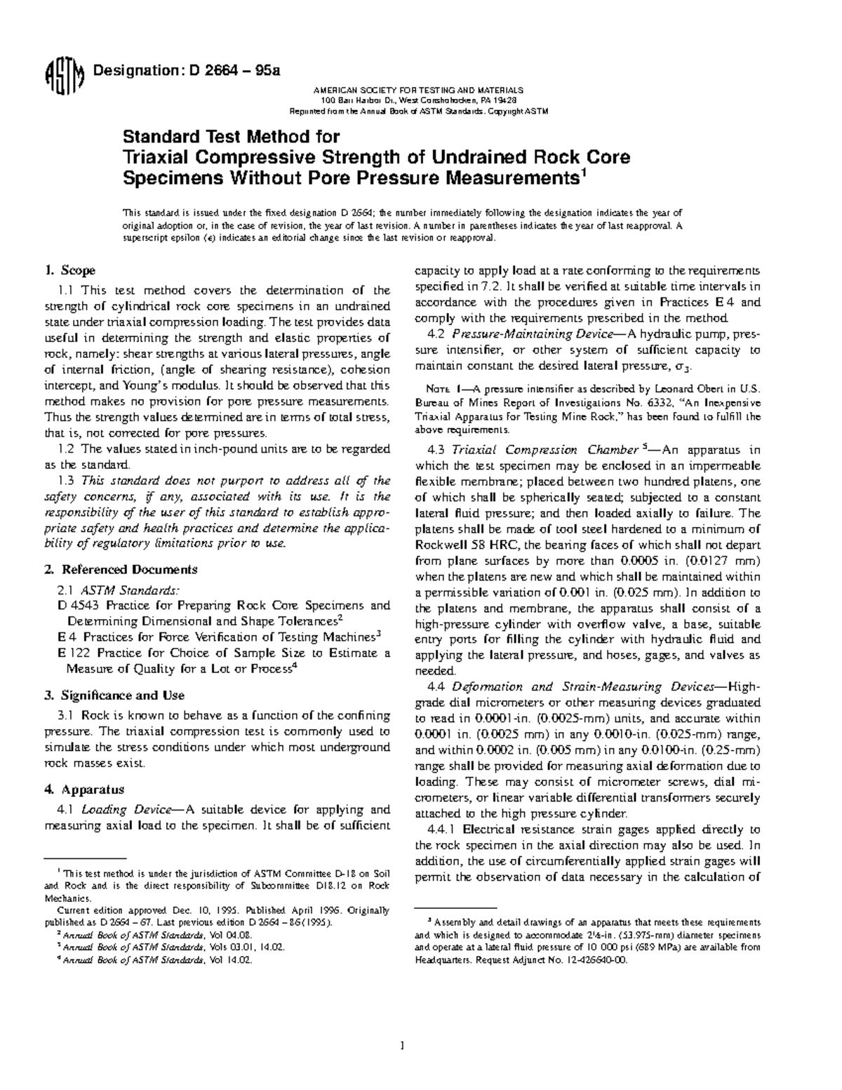ASTM D 2664-95a: Standard Method for Triaxial Rock Core Strength ...