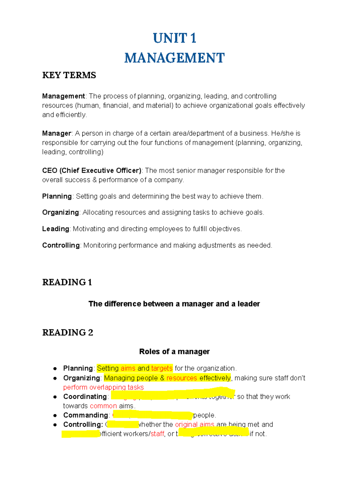 Unit 1 Review - ... - UNIT 1 MANAGEMENT KEY TERMS Management: The ...