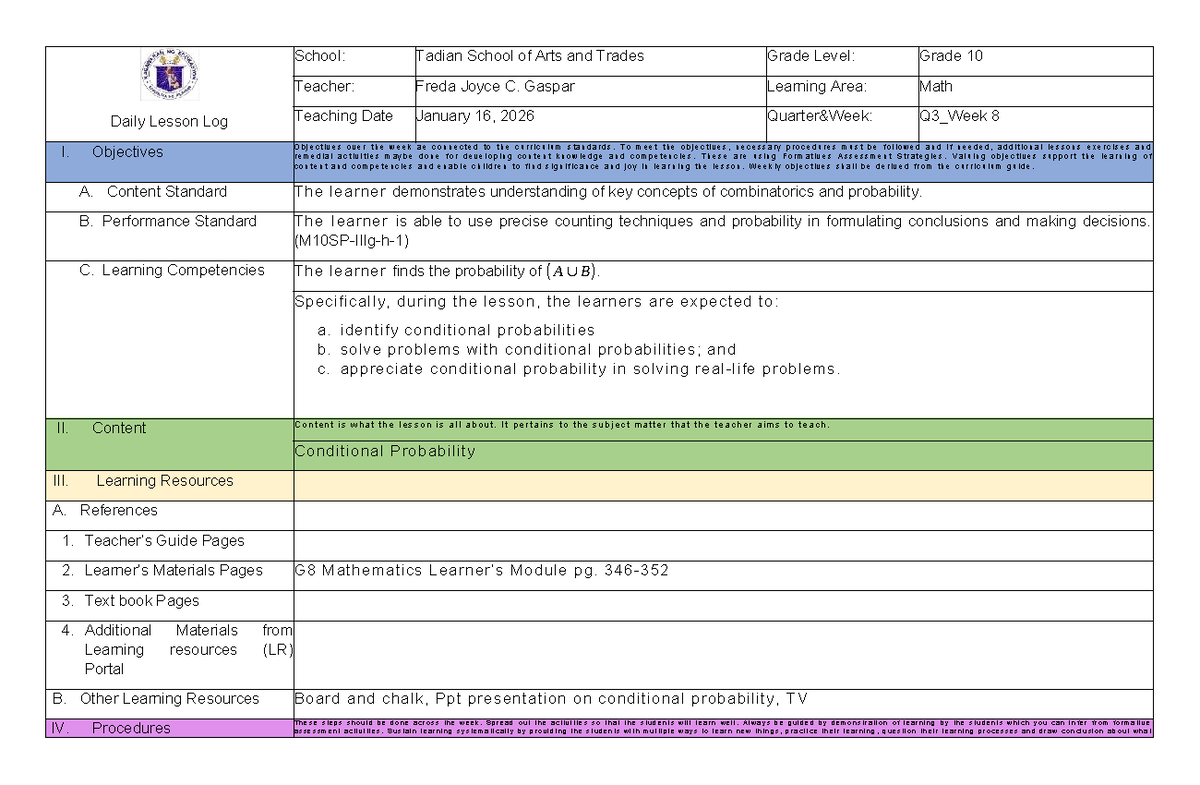 Daily Lesson Log I: Conditional Probability for Grade 10 (Q3, Week 8 ...