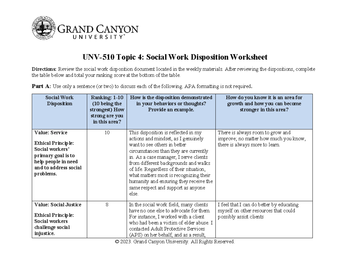 UNV 510 RS T4 - Social Work Disposition Worksheet and Reflection - Studocu