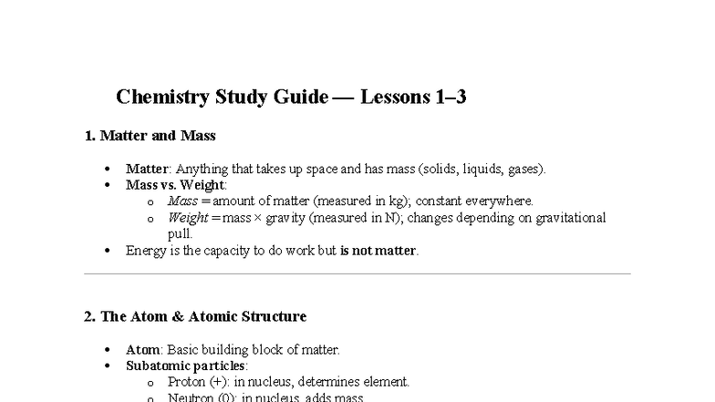 Chemistry Study Guide: Lessons on Matter, Atoms, and Bonds - Studocu