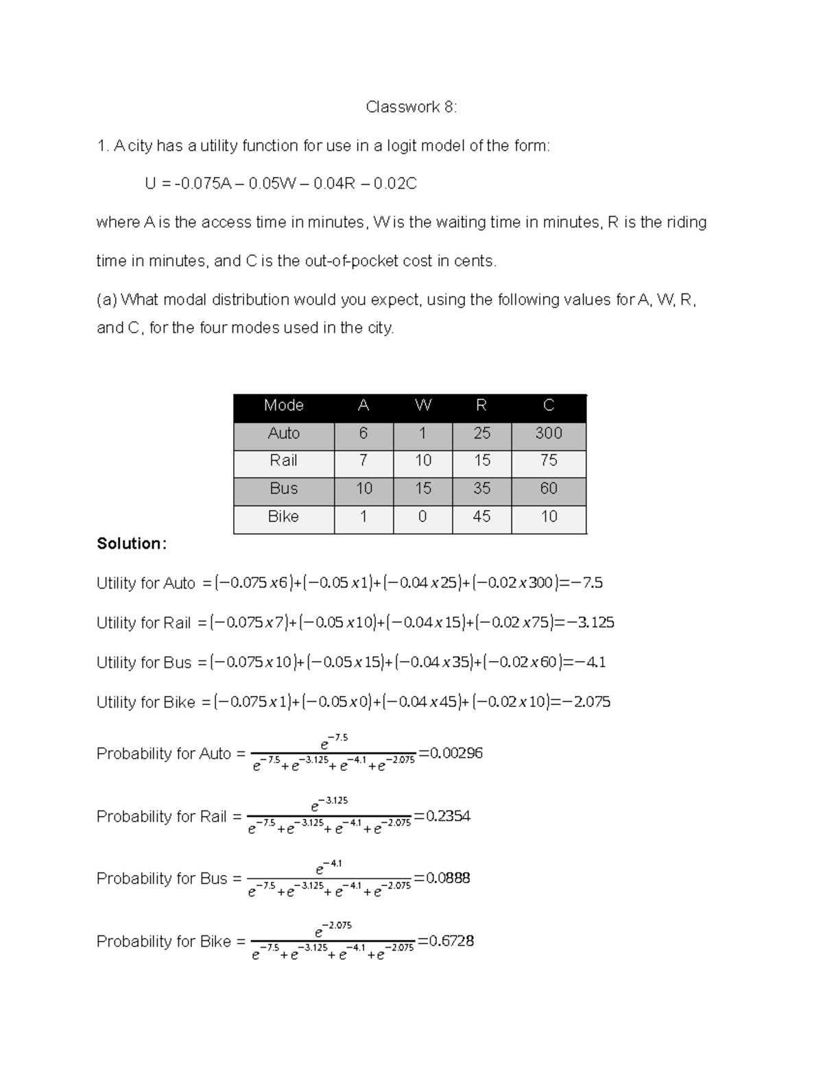 CE123-5 Classwork 8: Logit Model Utility & Modal Distribution Analysis ...