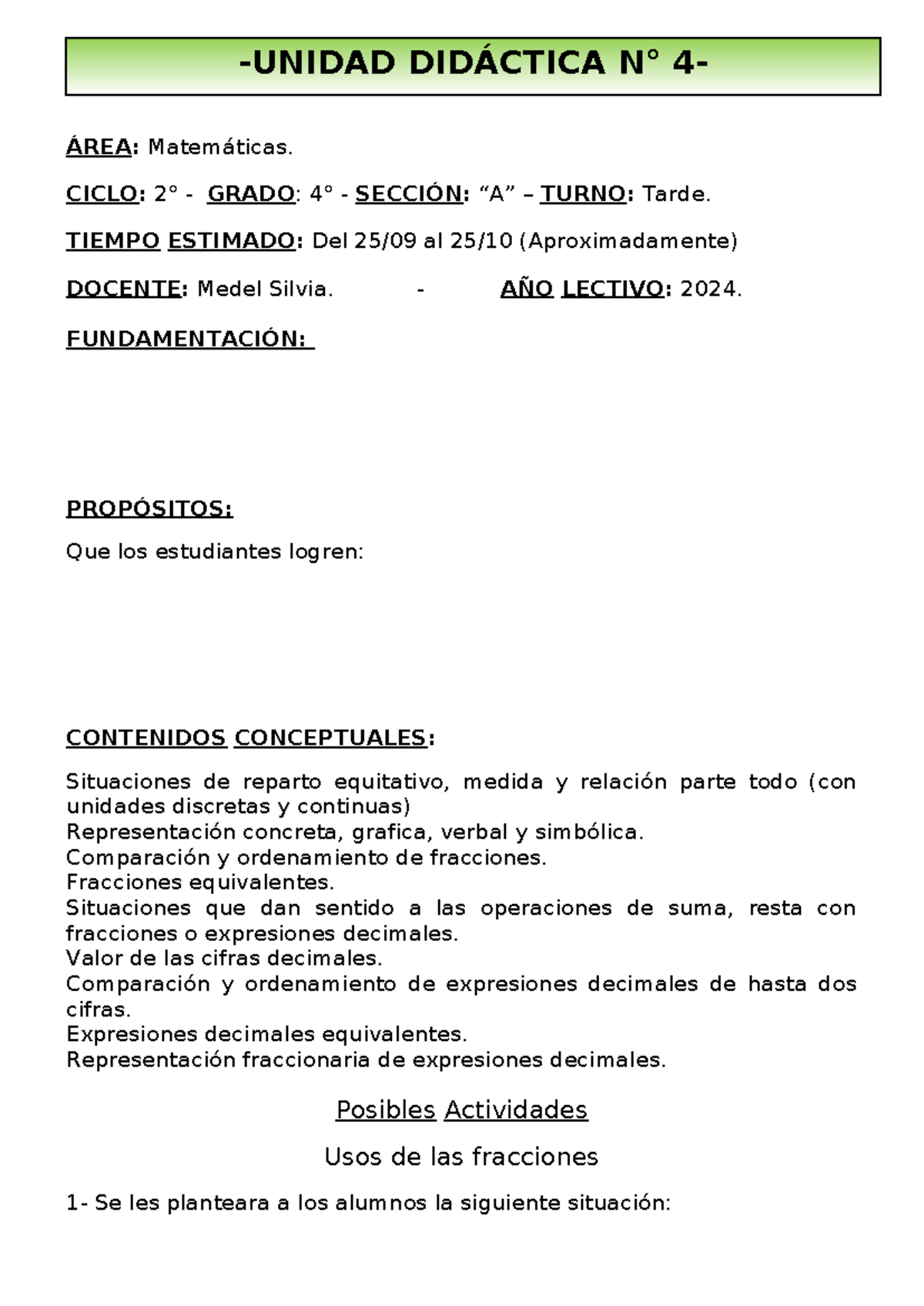 Matemáticas - Unidad Didáctica N° 4 para 2° Grado 2024 - Studocu
