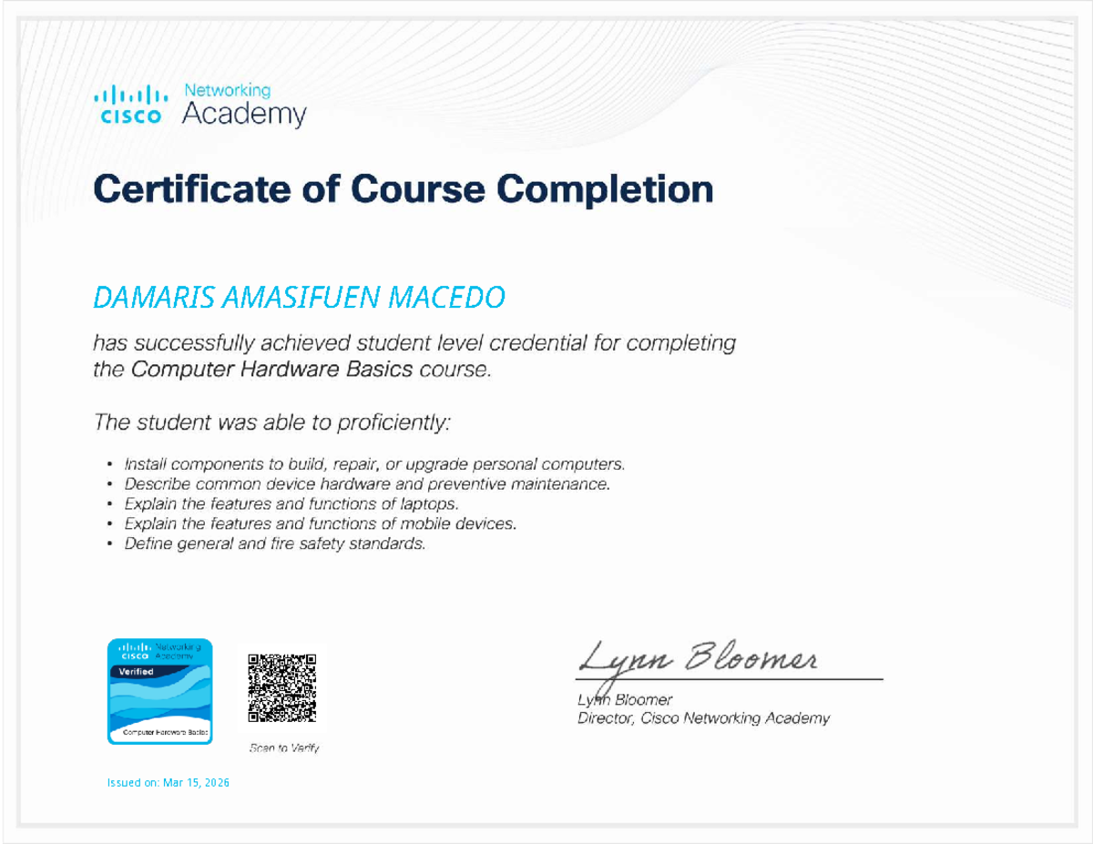 Computer Hardware Basics Course Completion - CISCO Academy Certificate ...