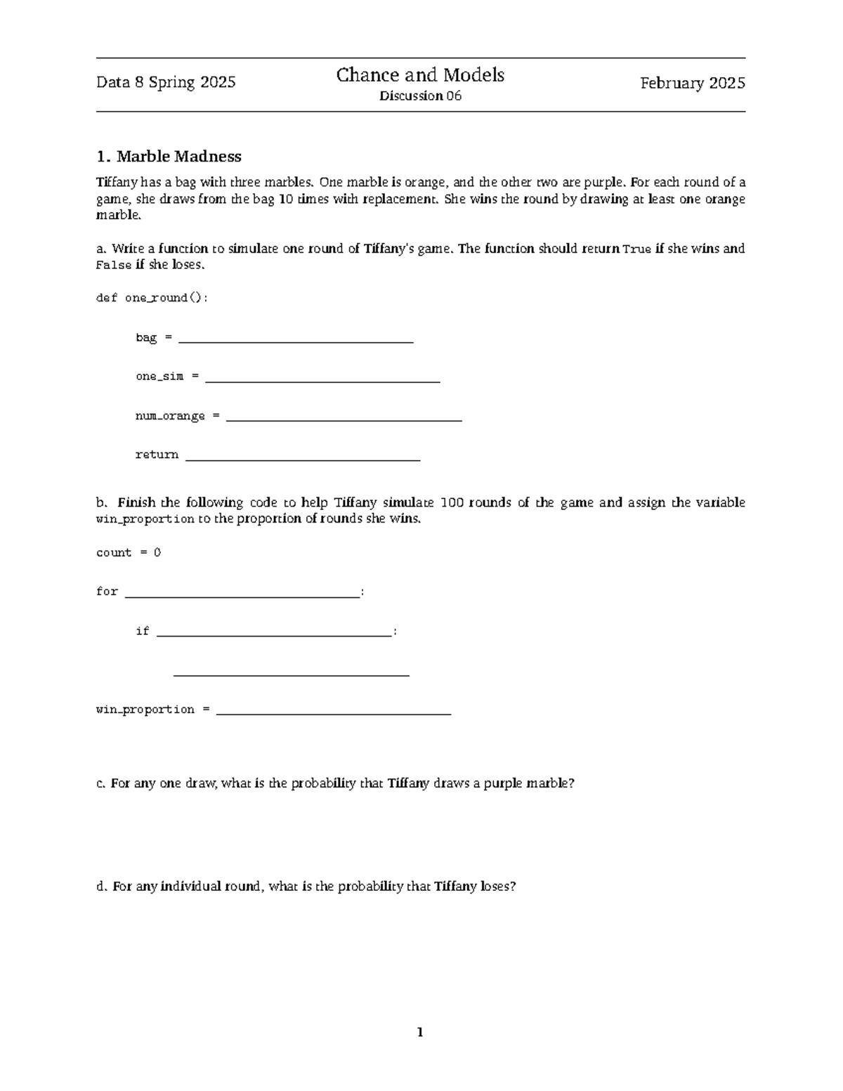 Discussion Worksheet 6 - Data 8 (Sp25): Chance & Models Exercises - Studocu