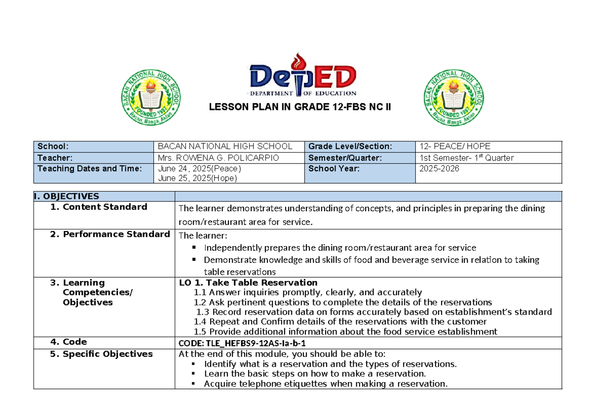 DLP-FBS-NC II Q1 Lesson Plan: Take Table Reservation - Studocu