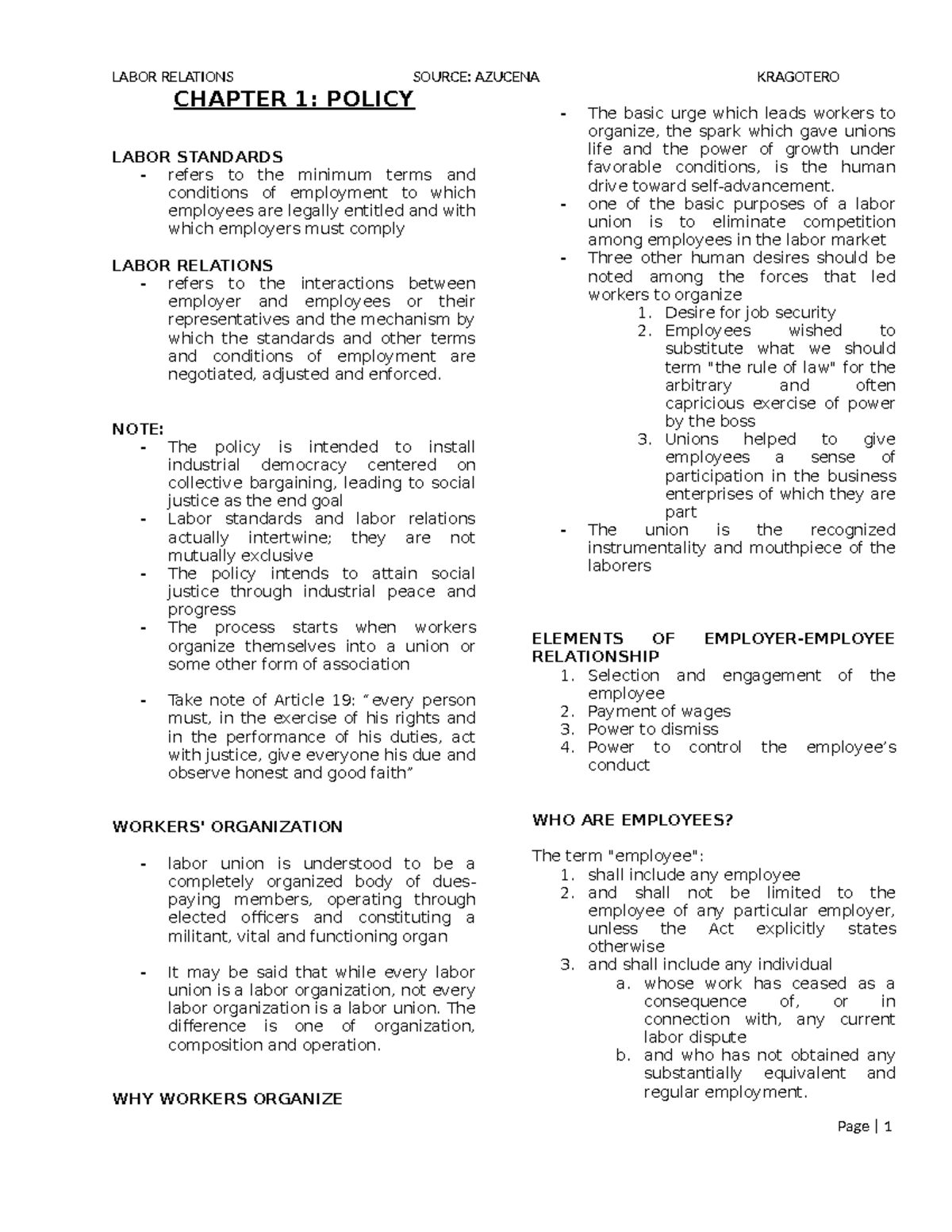 Lab Rel - Notes - Labor - CHAPTER 1: POLICY LABOR STANDARDS - refers to ...