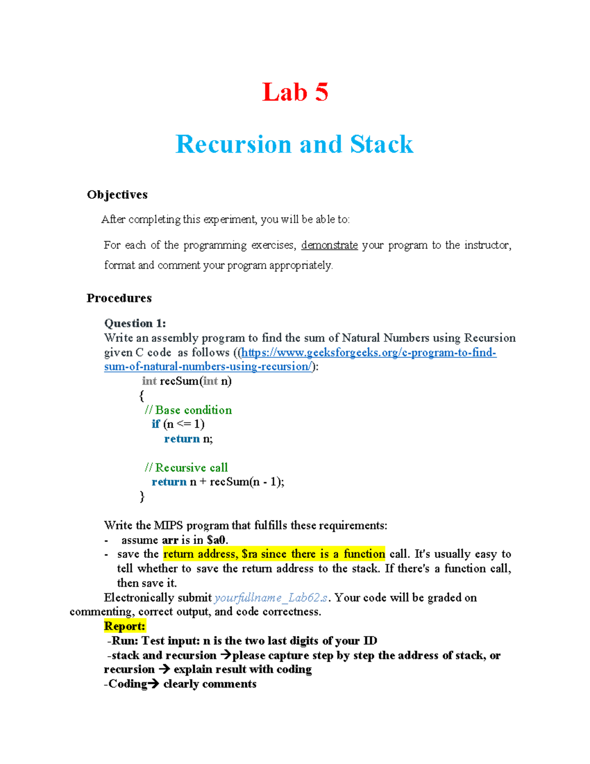 Lab 5: Recursion & Stack Objectives for Programming Exercises - Studocu
