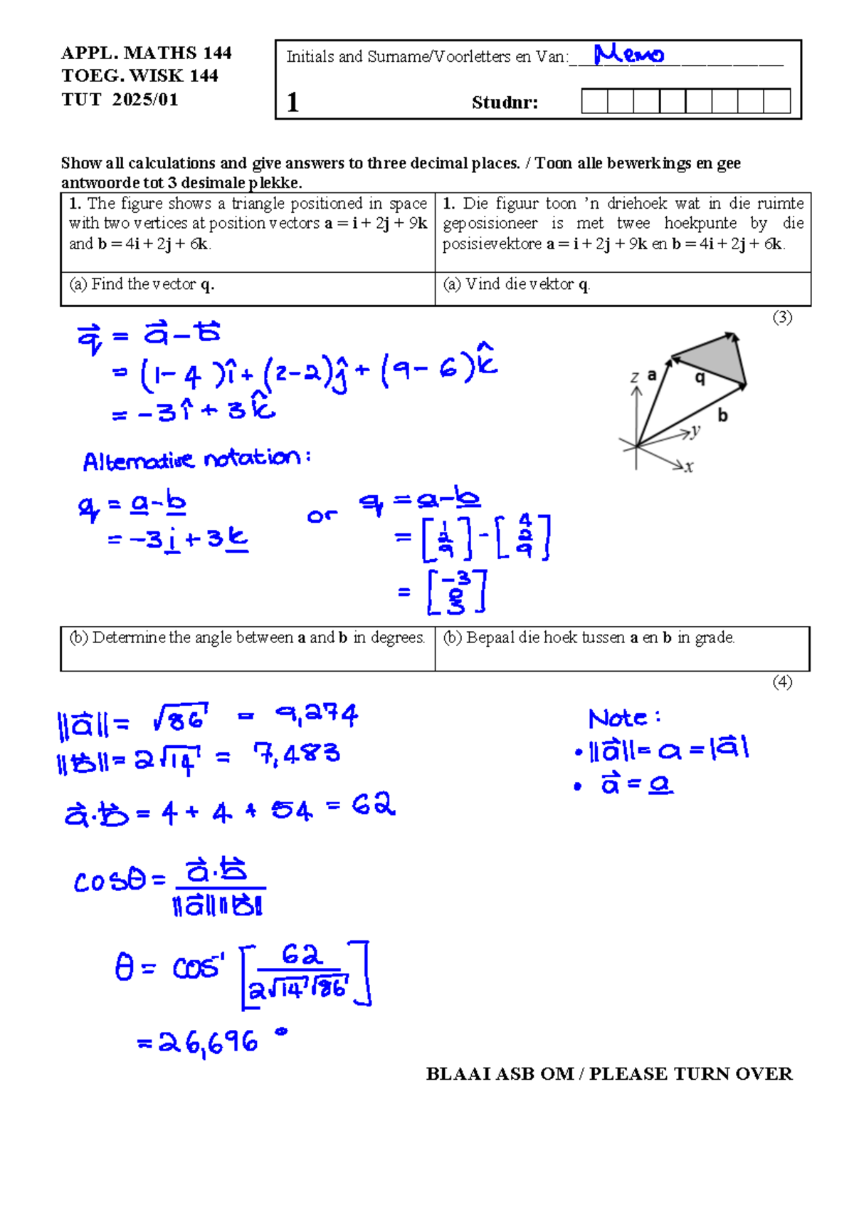 APPL. MATHS 144 Tut Test 1.1 Memo: Vector Calculations & Angles - Studocu