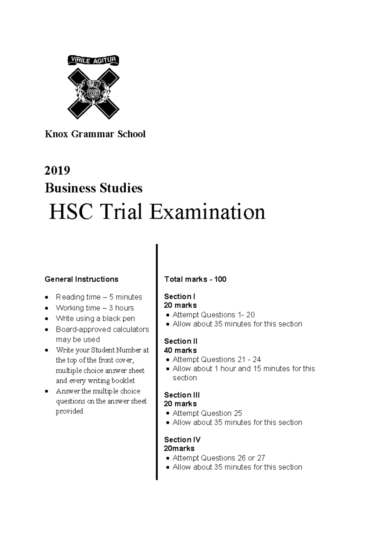 Knox Grammar School 2019 HSC Business Studies Trial Exam Instructions ...