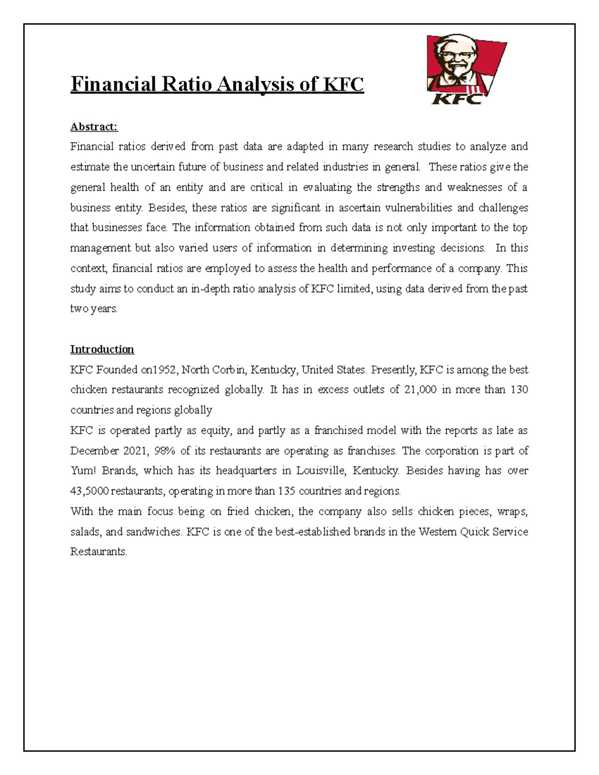 KFC Financial Ratio Analysis - Implications for Business Benefits - Studocu